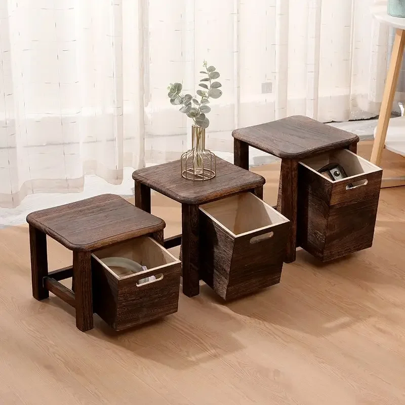 Solid-Wood-Nordic-Storage-Square-Stool-with-Drawer-Entrance-Hallway ...