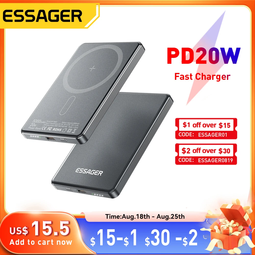 Essager-Thin-Wireless-Power-Bank-Magnetic-20W-5000mAh-Portable-Fast ...