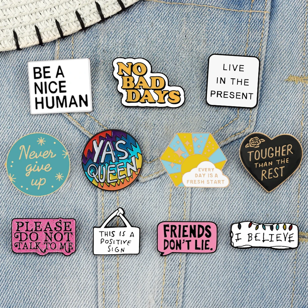 Life Motto Quotes Enamel Pins Creative ‘Never Give Up’ ‘Live in the ...