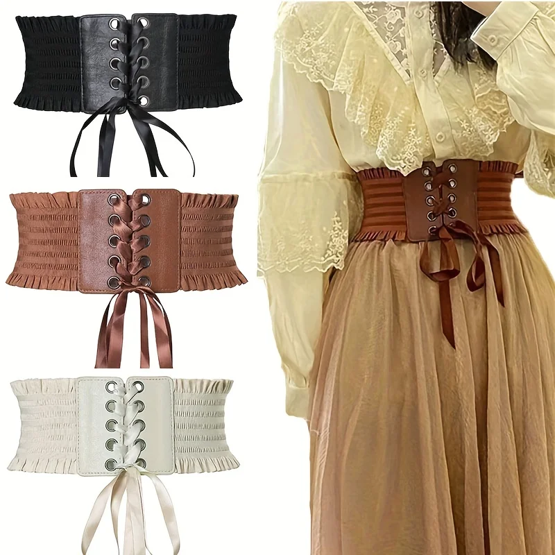 Elegant-Ruffles-Wide-Belts-Classic-Solid-Color-Lace-Up-Waspie-Belt ...