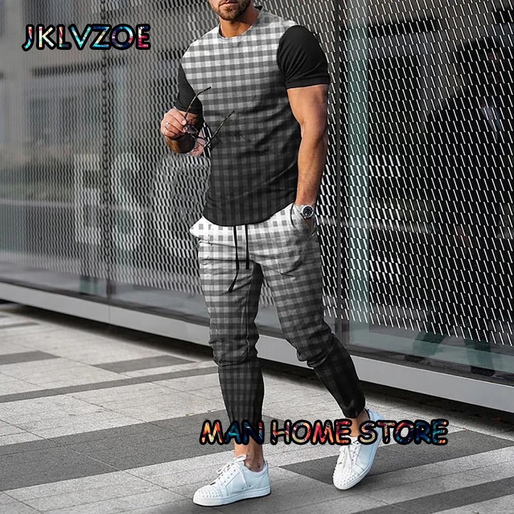 Summer Men's White Grid Tracksuit 2 Piece Set 3D Printing T Shirts ...