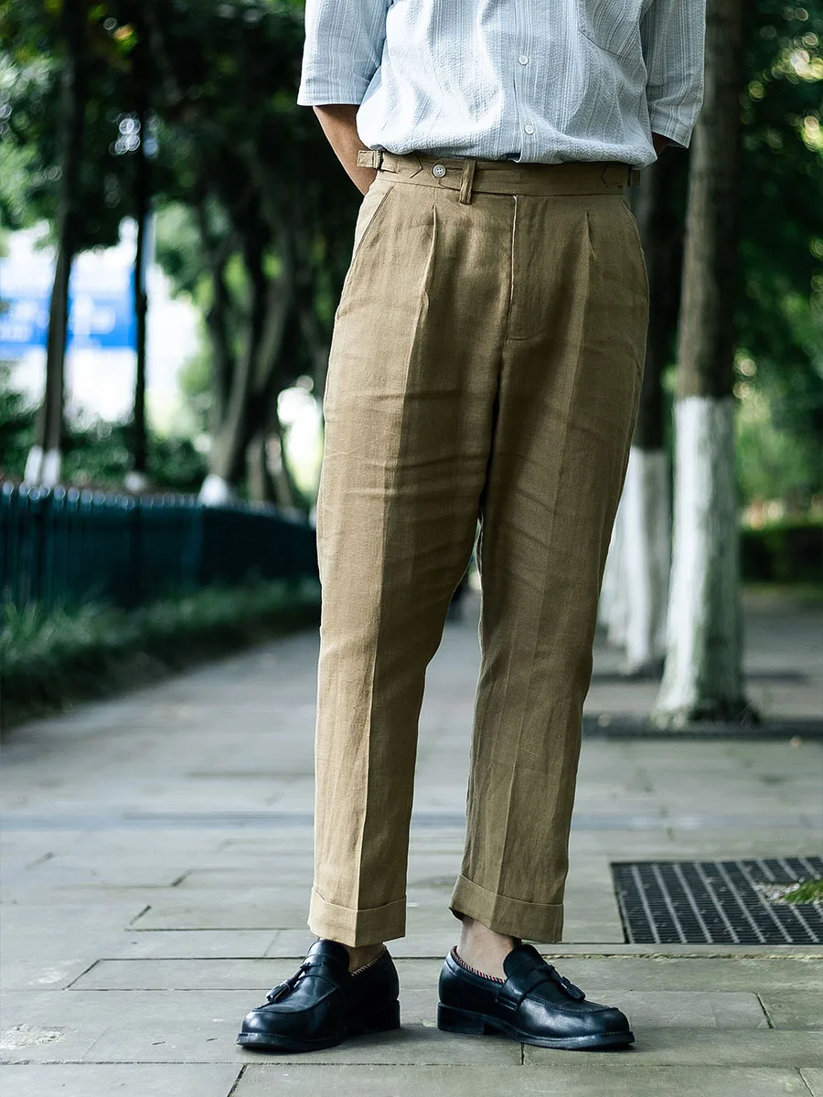 2022-Spring-And-Summer-New-Khaki-Pure-linen-Casual-Nine-point-Pants ...