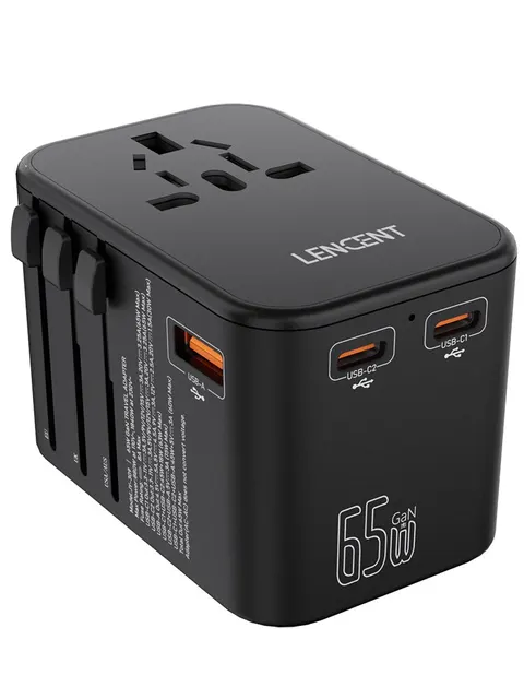 LENCENT 65W GaN Universal Travel Adapter with 1USB Dual Type C PD3.0 ...