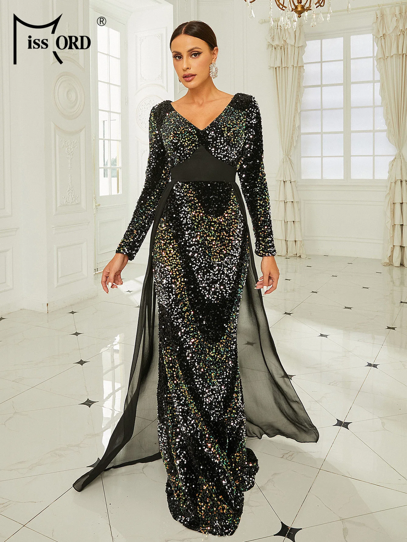 Missord New Black V Neck Long Sleeve Sequin Panel Mesh Mermaid Evening ...