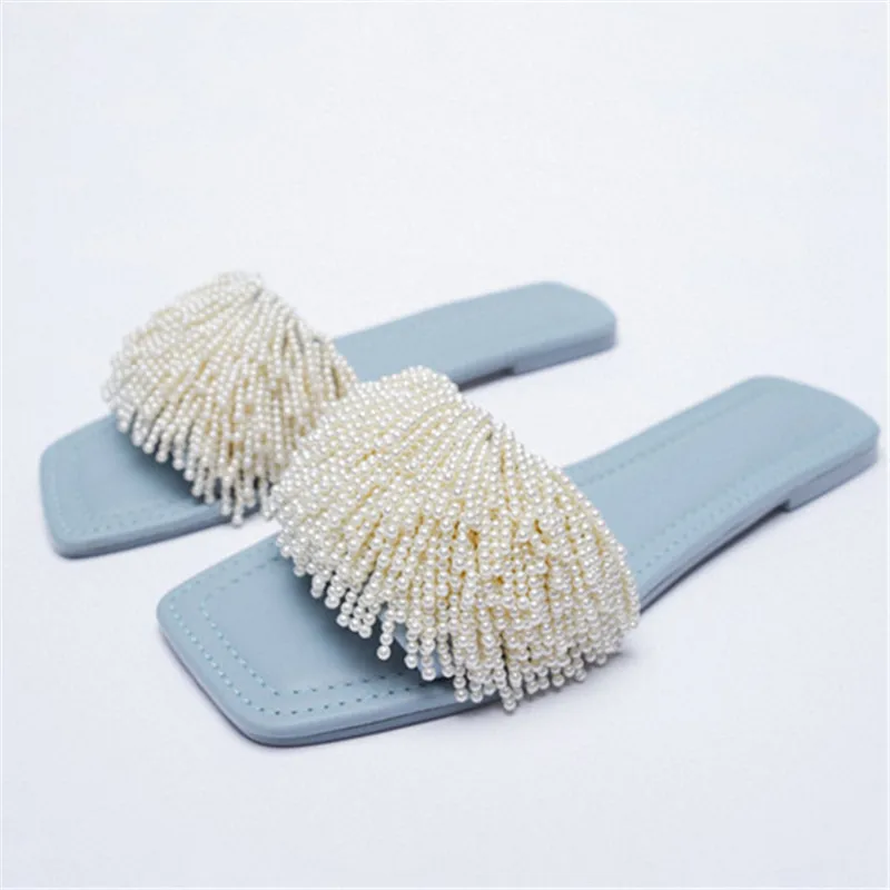 Pearl Beads Women Slippers Blue Flat Shoes Female Summer Outside Slides ...