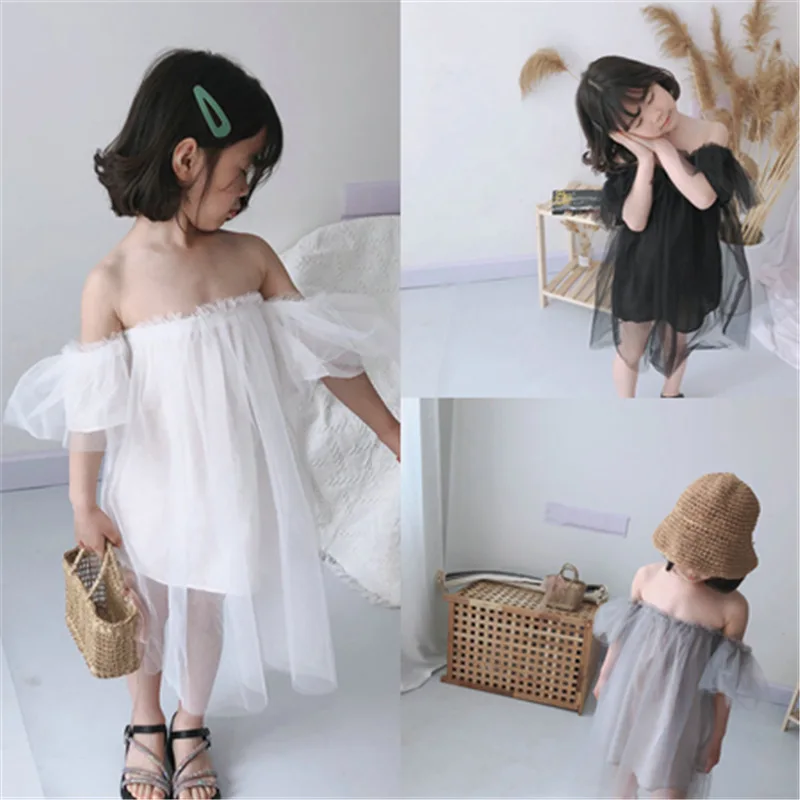 Kids-Dress-Shoulderless-Above-Knee-Length-A-line-Short-Sleeve-Simple ...