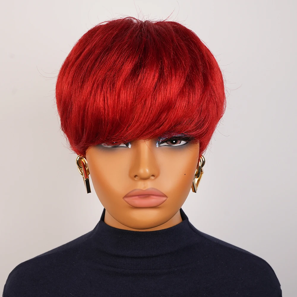 Bright Red Pixie Cut Wigs Human Hair Ready To Wear Short Human Hair ...