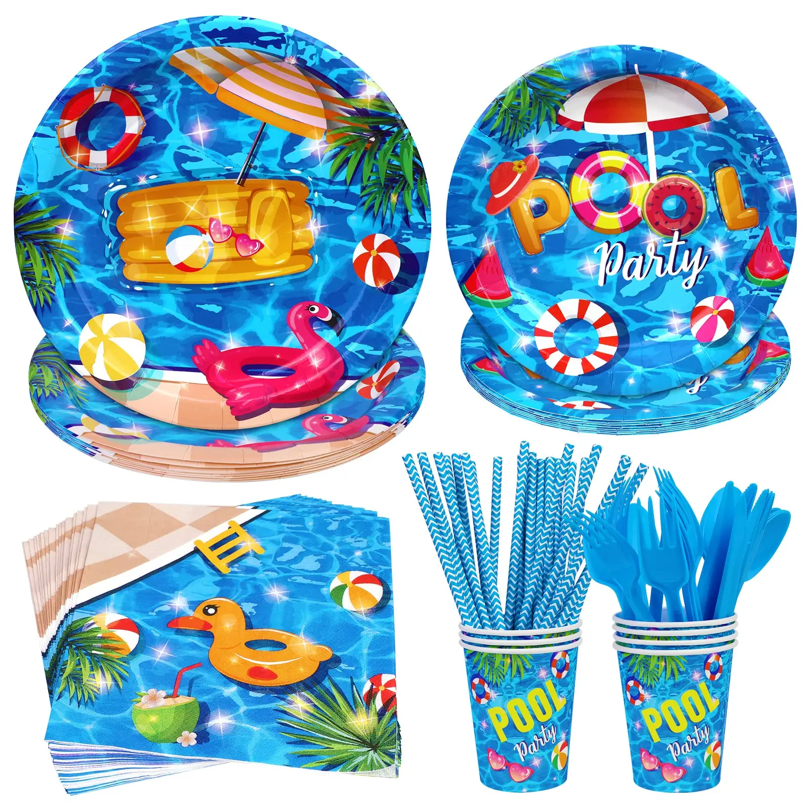 Pool-Party-Decorations-Disposable-Tableware-Napkins-Cups-Flatware-For ...