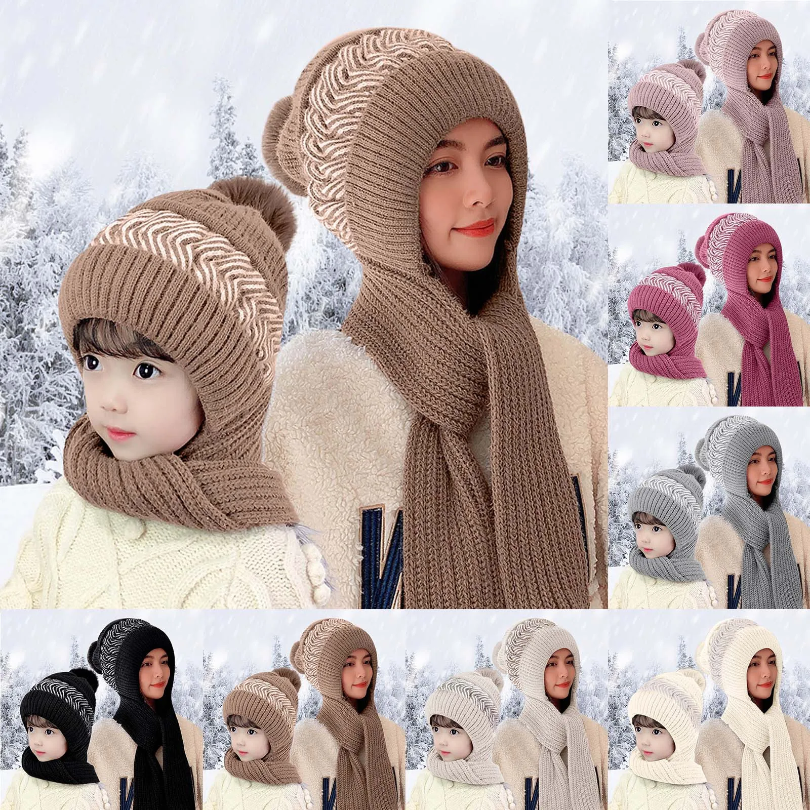 Women-Winter-Slouchy-Knit-Warm-Hats-Wool-Cap-Scarf-Integrated-Pullover ...
