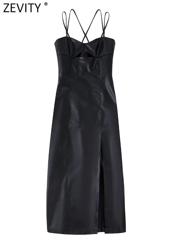 Zevity 2022 Women Sexy Thread Stitching Hole Spaghetti Strap PU Leather ...