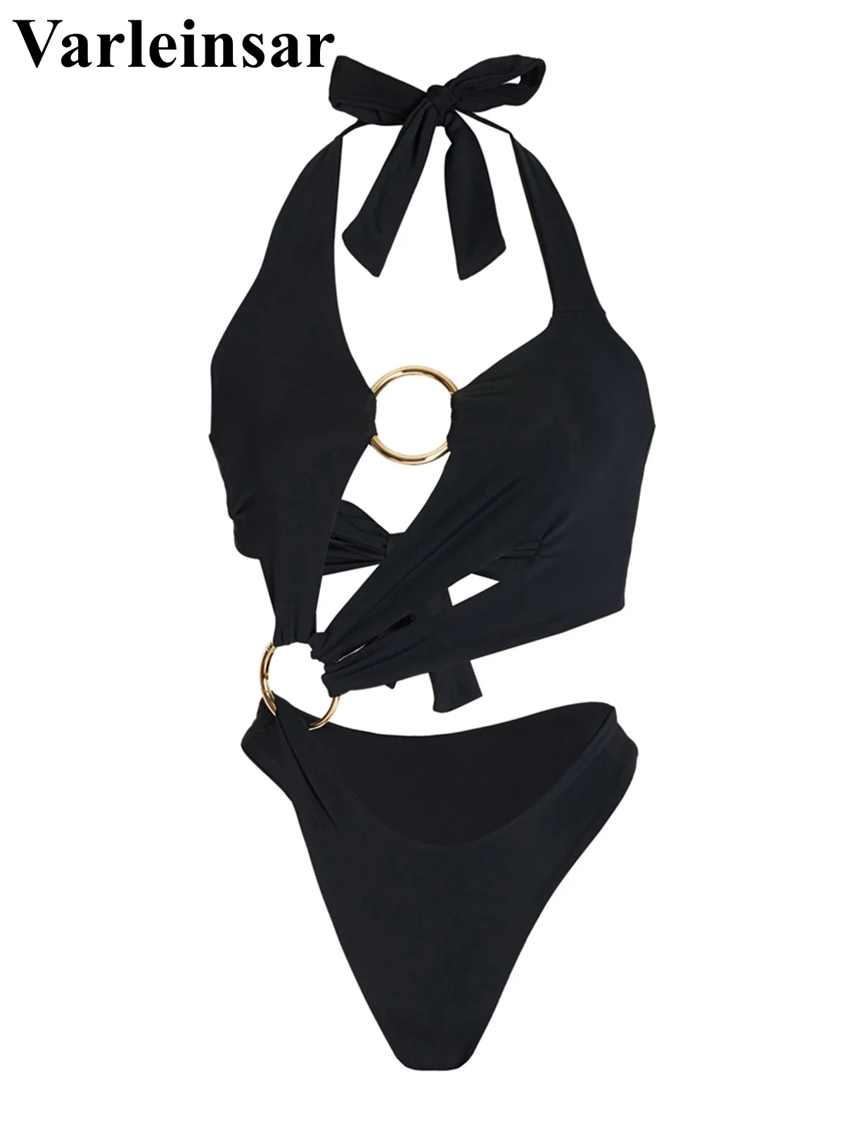 Halter-Asymmetric-Cut-Out-Metal-Rings-Women-Swimwear-One-Piece-Swimsuit ...
