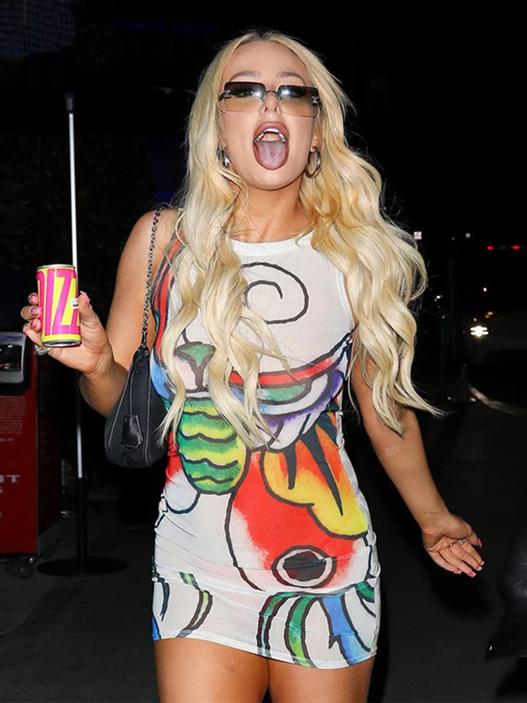 Sifreyr See Through Mesh Mini Dress Women High Street Graphic Print ...