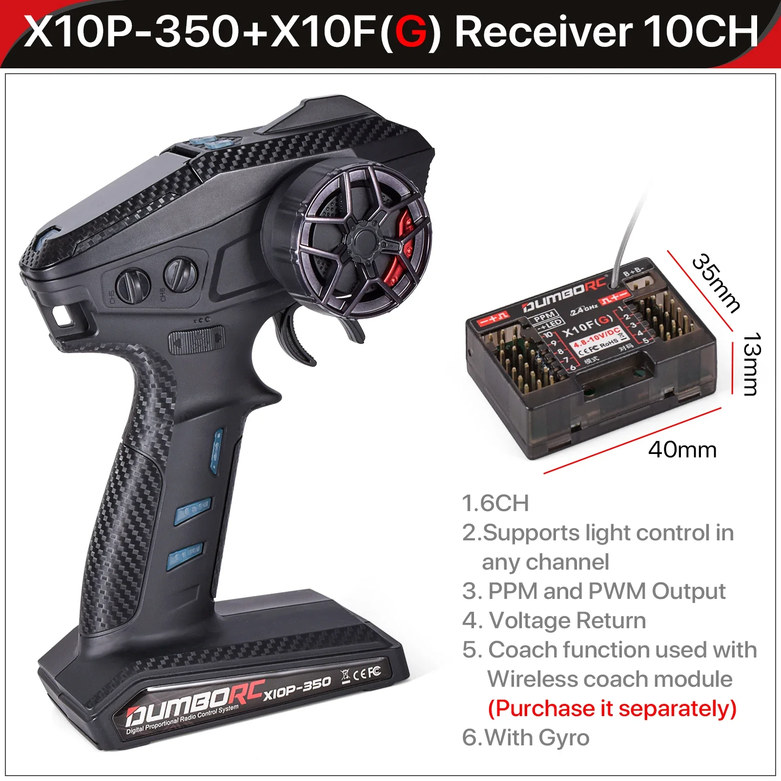 DumboRC X10P-350+10F Receiver 10CH Transmitter Receiver with 10A ESC RC Remote Speed Controller ...