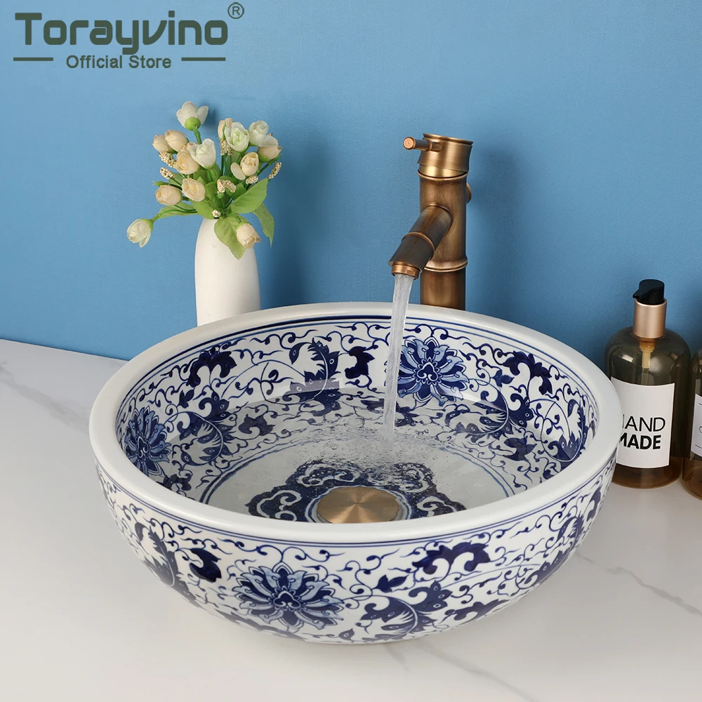 Torayvino-Round-Bathroom-Ceramic-Lavatory-Bath-Blue-and-White-Porcelain ...