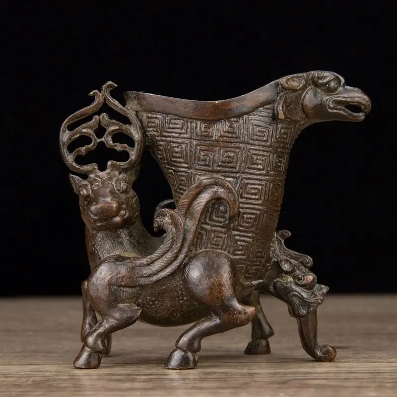 Ancient Chinese old copper deer head eagle beak wine jar ornaments ...