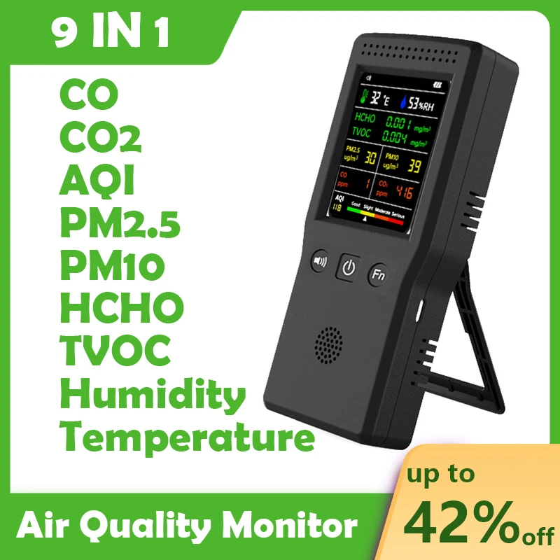 9 In 1 온도 습도 Co2 미터 공기질 검출기 PM2.5 PM10 HCHO TVOC CO CO2 AQI 백라이트 LCD 컬러 디스플레이, Co2 온도 습도 CO2 측정기 ...