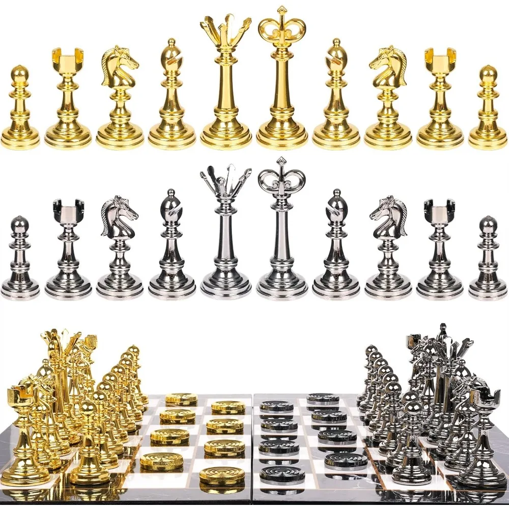 Metal-Chess-Set-and-Checkers-Game-Set-15-Inch-Board-Games-for-Adults ...