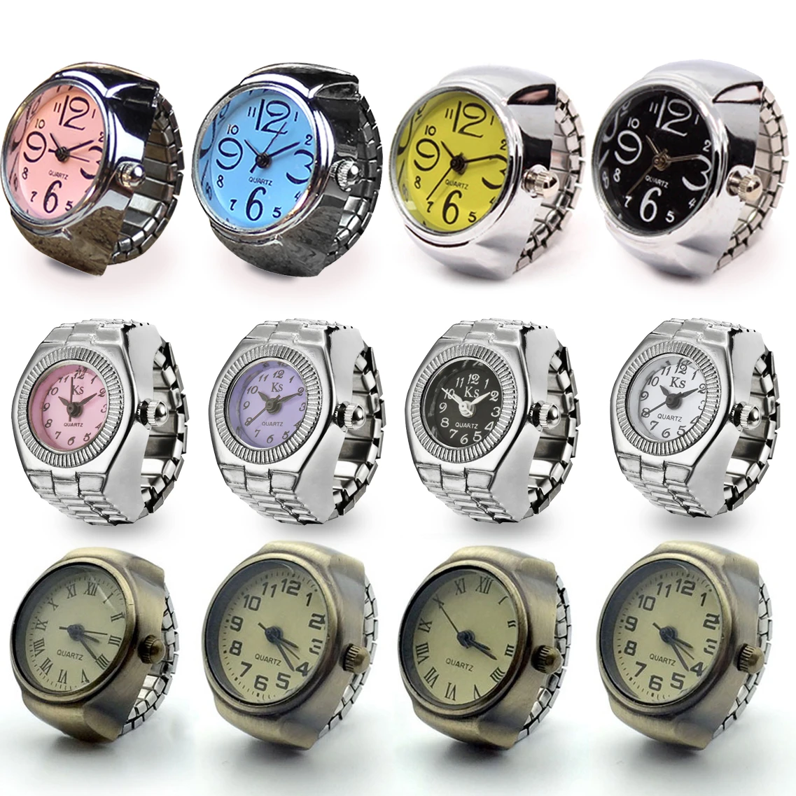 Vintage Punk Finger Watch Mini Elastic Strap Alloy Watches Couple Rings ...