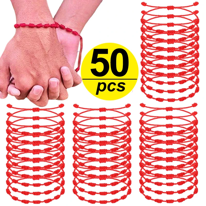 50pcs Handmade 7 Knots Red String Bracelet for Lover Protection Lucky ...