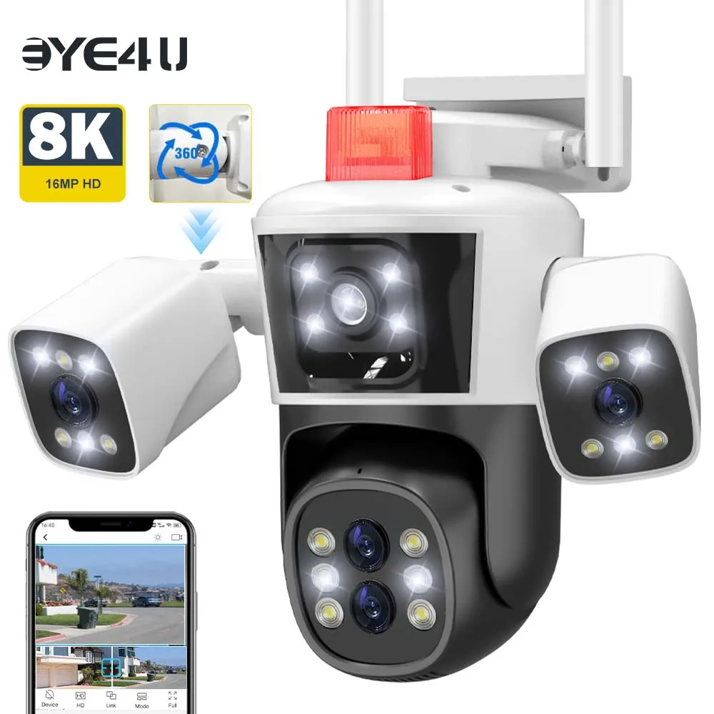 8K 16MP IP Camera WiFi Four Lens Three Screens 10X Zoom Outdoor PTZ Cam ...