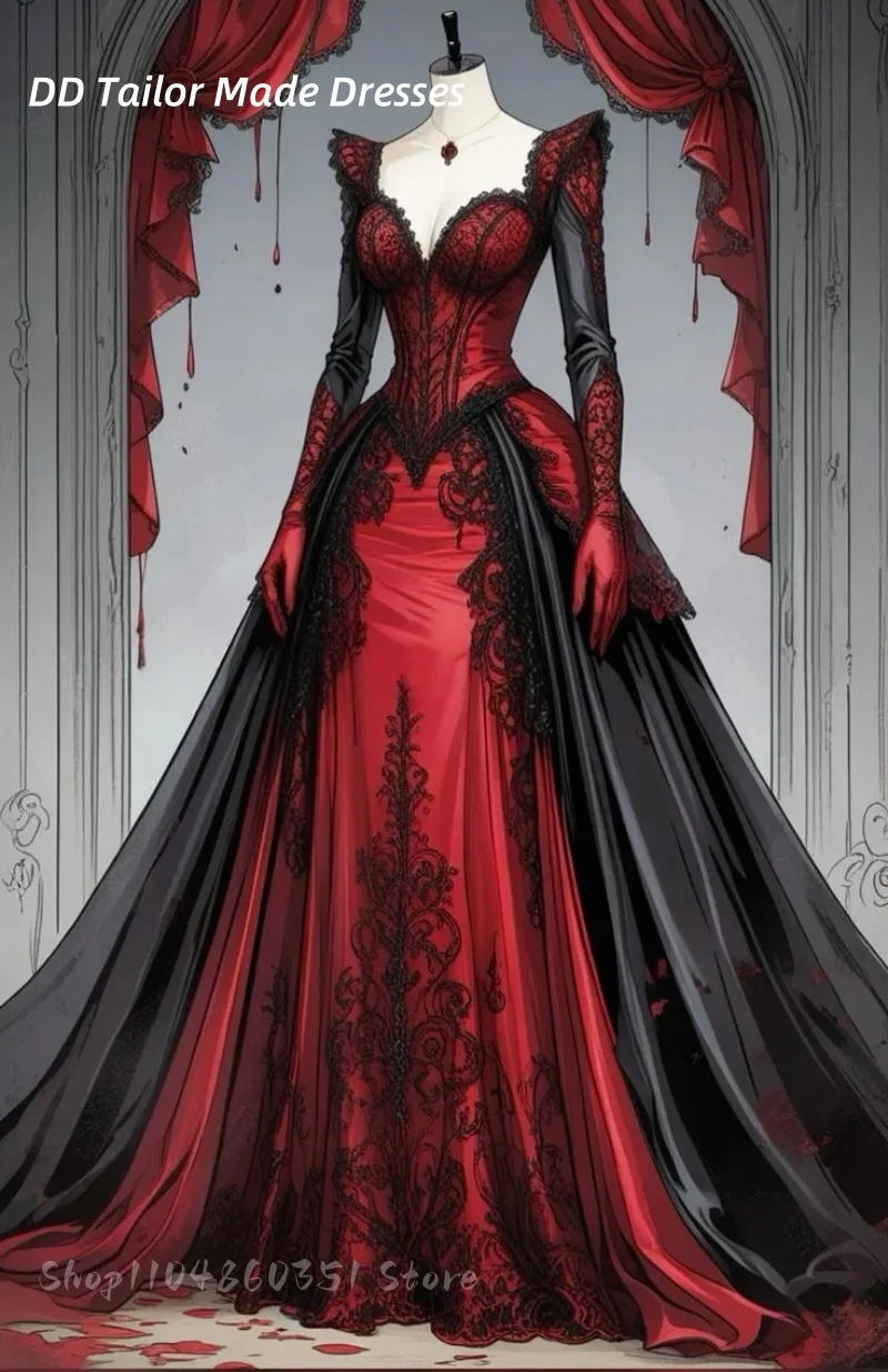Full Sleeves Vampire Gothic Wedding Dress Lace Appliques A-Line Long ...