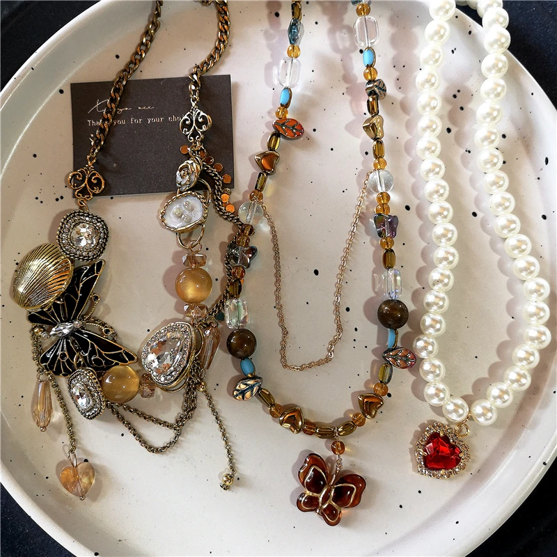 Punk-Gold-Bow-Crystal-Heart-Chain-Necklace-Acrylic-Beaded-Pearl ...