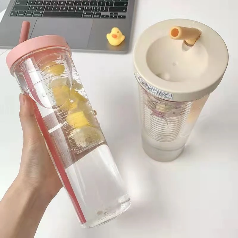 Built-in Filter Cup Cute Water Fruit Tea Bottle With Foldable Straw ...