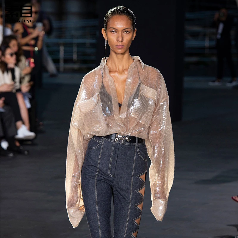 Fashion Week Champagne Sequin Glitter See-through Clothes Luxury Design ...