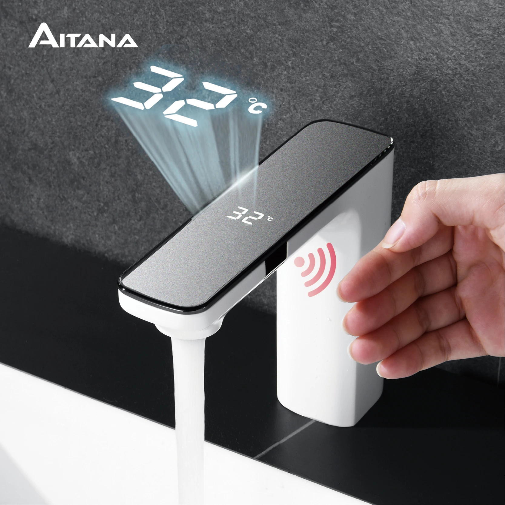 White intelligent brass bathroom faucet induction design LED light ...