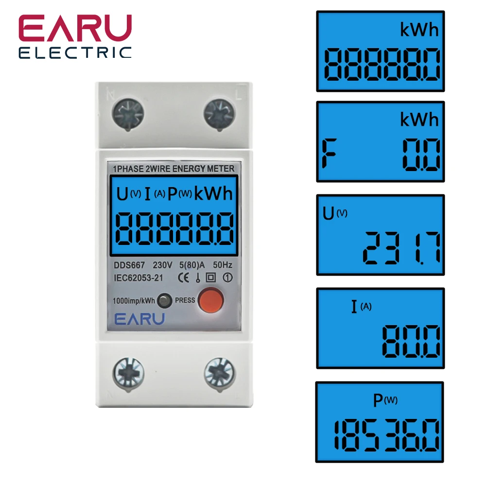 Ac 220v 80a Din Rail Lcd Digital Backlight Single Phase Energy Meter ...