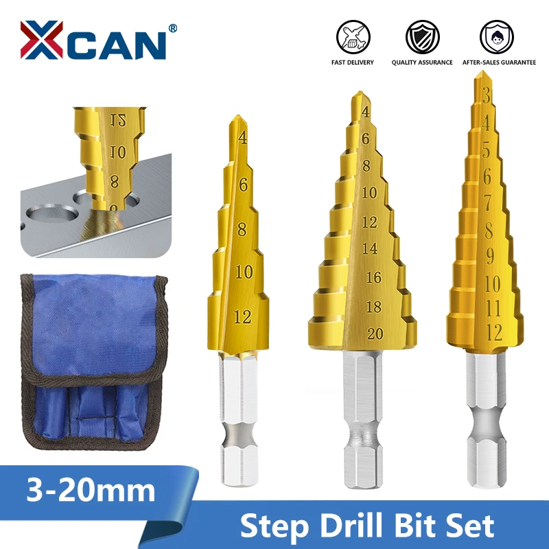 XCAN HSS Step Drill Bit Set 3pcs 3 12mm 4 12mm 4 20mm TiN Coated Wood ...
