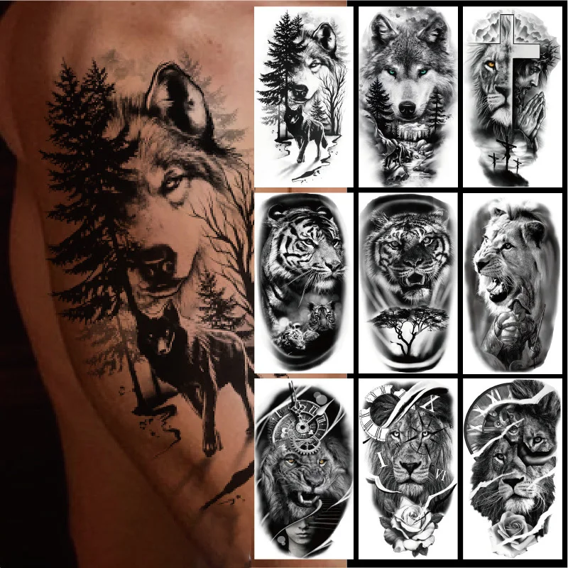 Temporary-Tattoo-Sticker-For-Men-Women-Big-Tiger-Lion-Wolf-Forest-Arm ...