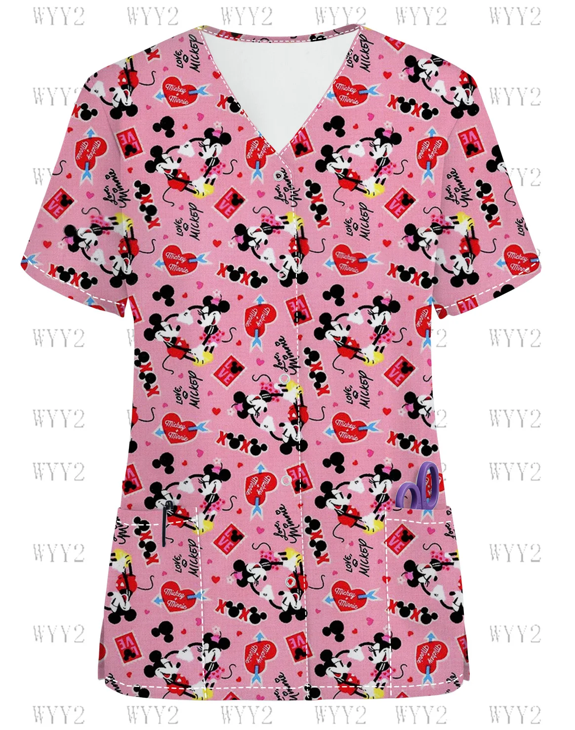 V-Neck-Print-Scrub-Top-Disney-Mickey-Mouse-Minnie-Print-Nurse-Uniform ...
