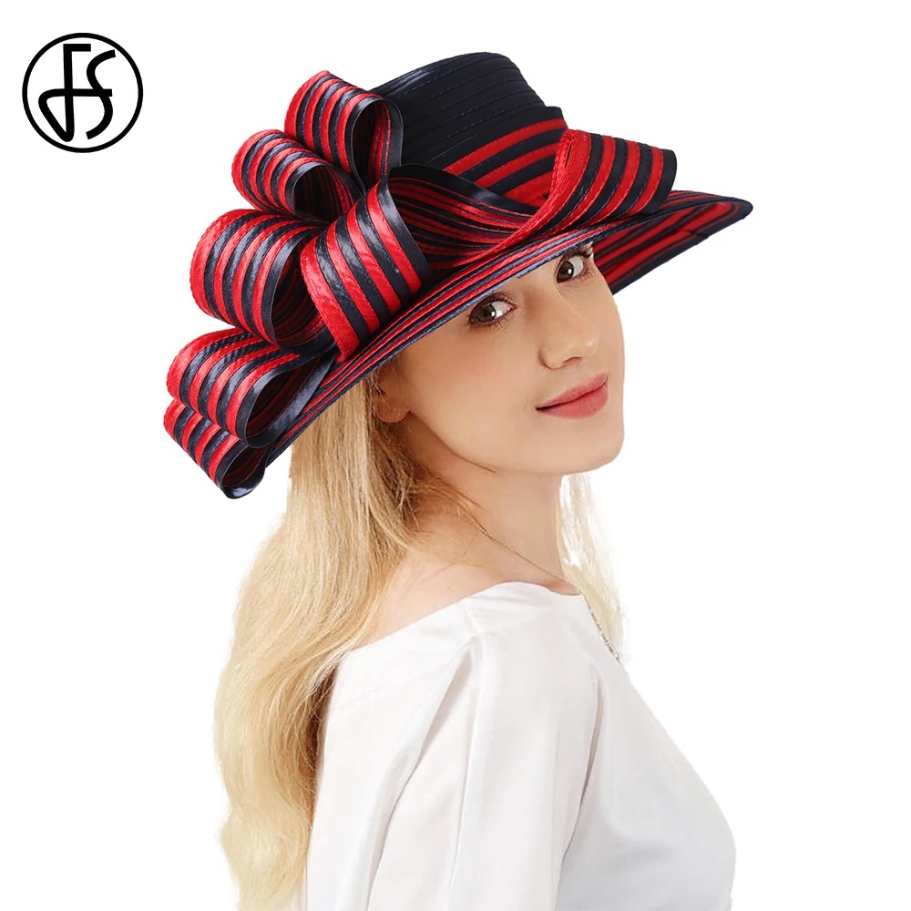 FS Navy Blue/Red Derby Hats For Women Stripe Formal Dress Satin Wedding ...