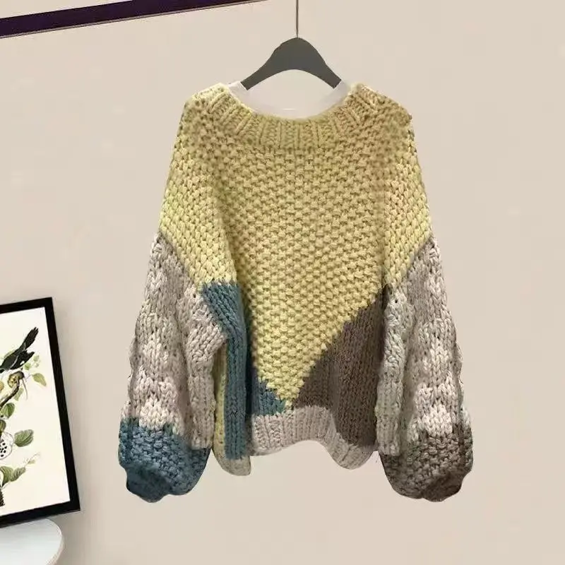 Color Blocking Coarse Yarn Pullover Sweater for Women Autumn and Winter ...
