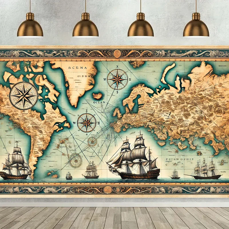 Retro nautical exploration map wall mounted with compass rose and ...