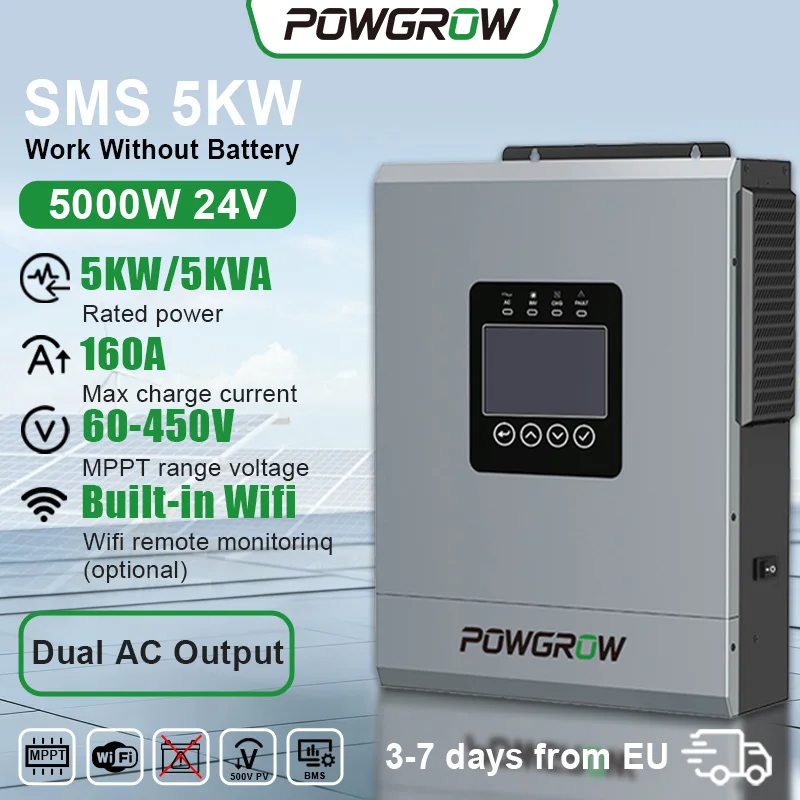 POWGROW Smart 5000W Pure Sine Wave MPPT Dual AC Output Solar Inverter ...