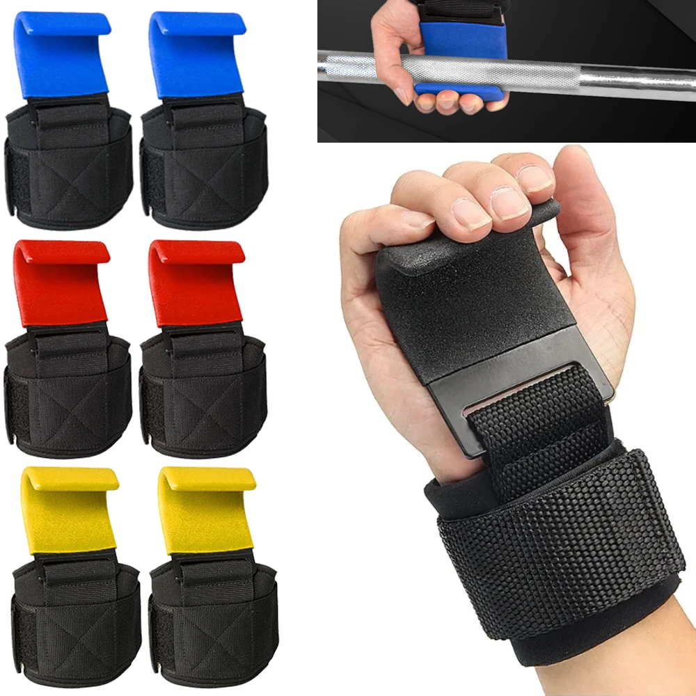 1Pair-Weight-Lifting-Hook-Grips-With-Wrist-Wraps-Hand-Bar-Wrist-Strap ...