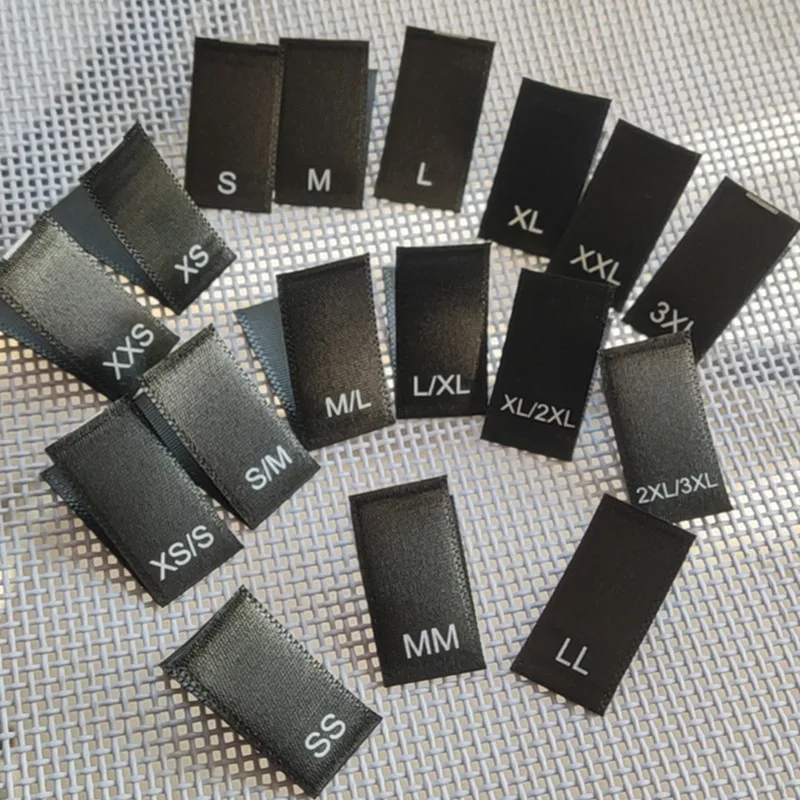 50pcs-Black-satin-Size-label-for-Clothing-Loop-Fold-Print-sizes-labels ...