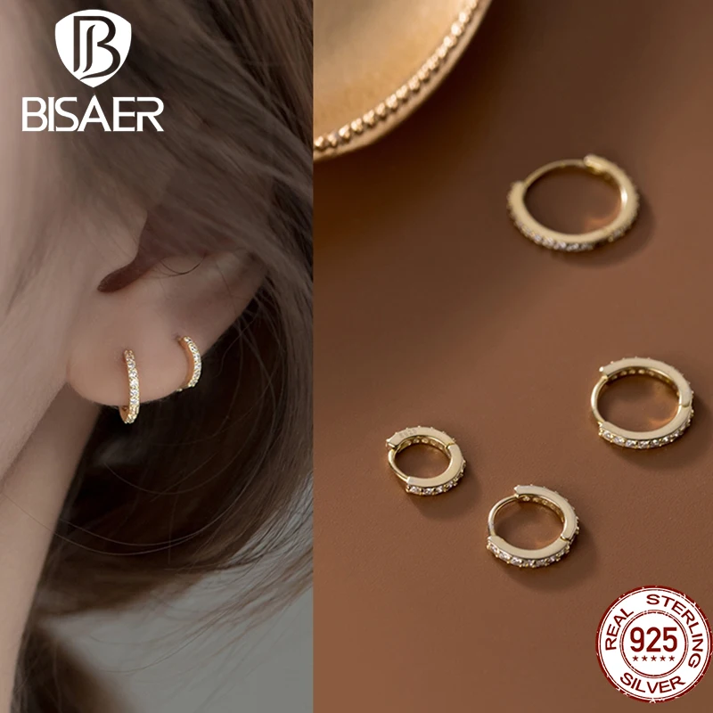 BISAER 925 스털링 실버 스터드 귀, 14K 골드 도금 원형 원형 큐빅 지르콘 커프 귀걸이, 3 색 여성을 위한 고급 주얼리 선물|단추모양 귀걸이| - AliExpress