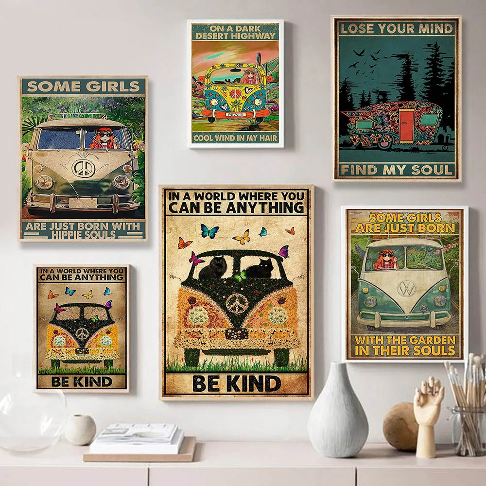 vintage-art-abstract-travel-minibus-canvas-painting-fashion-slogan-wall ...