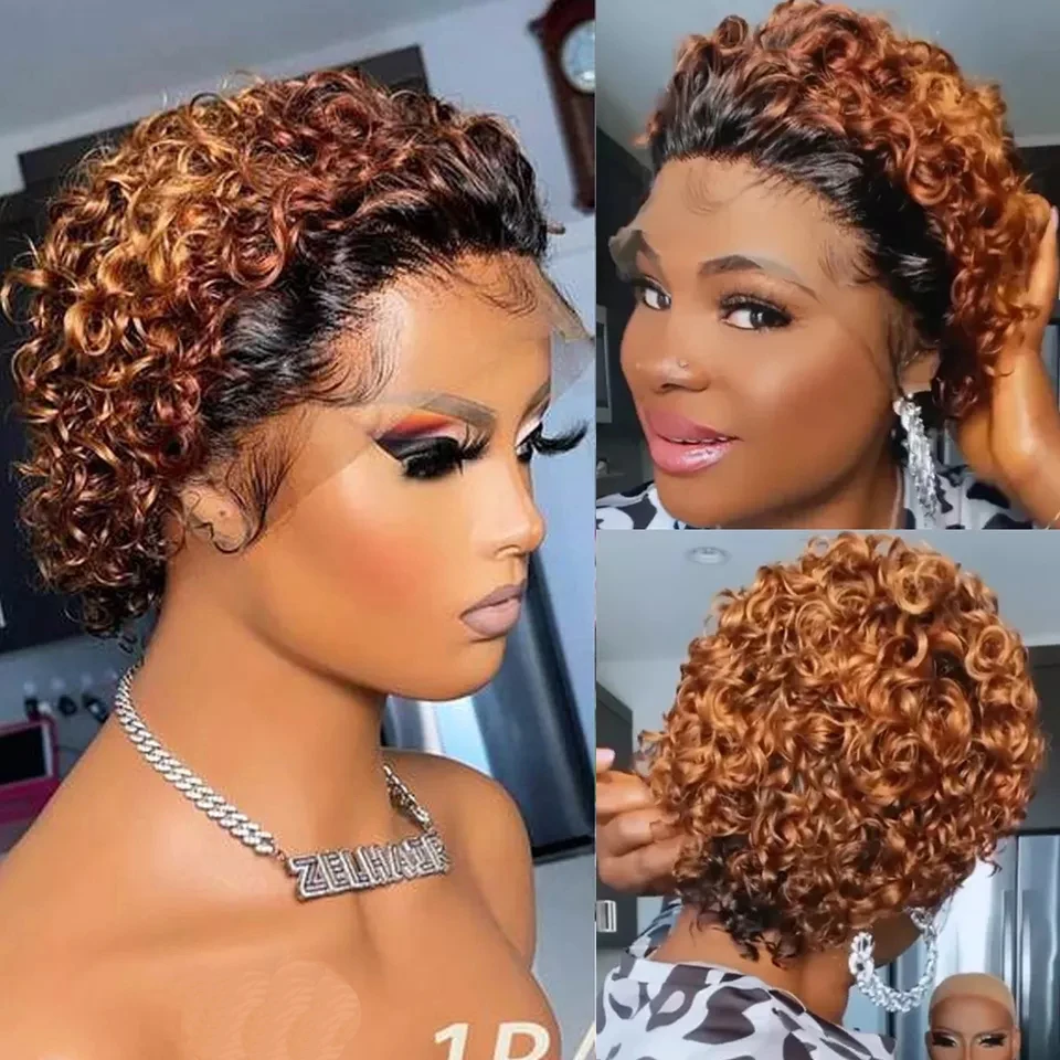 Pixie corte peruca curto encaracolado perucas de cabelo humano 13x1 ...