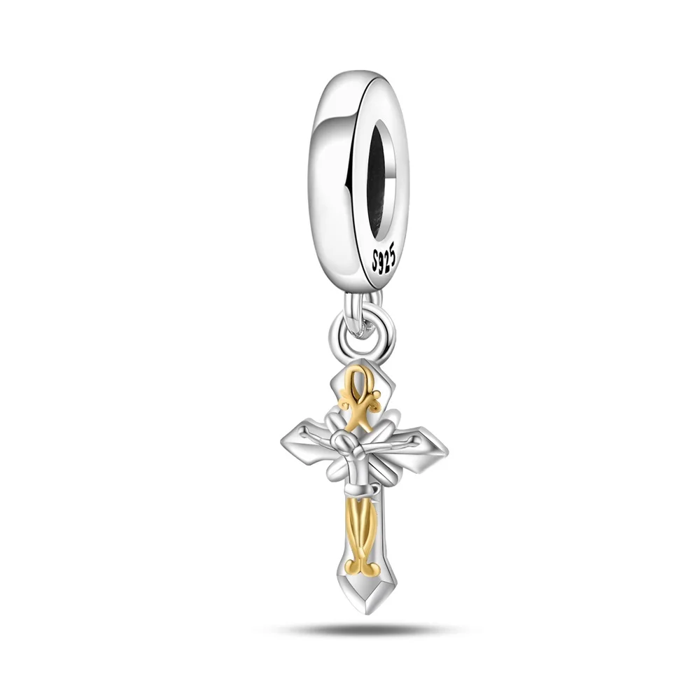Sparkling-925-Sterling-Silver-Jesus-Gold-Cross-Charm-Fit-Pandora ...