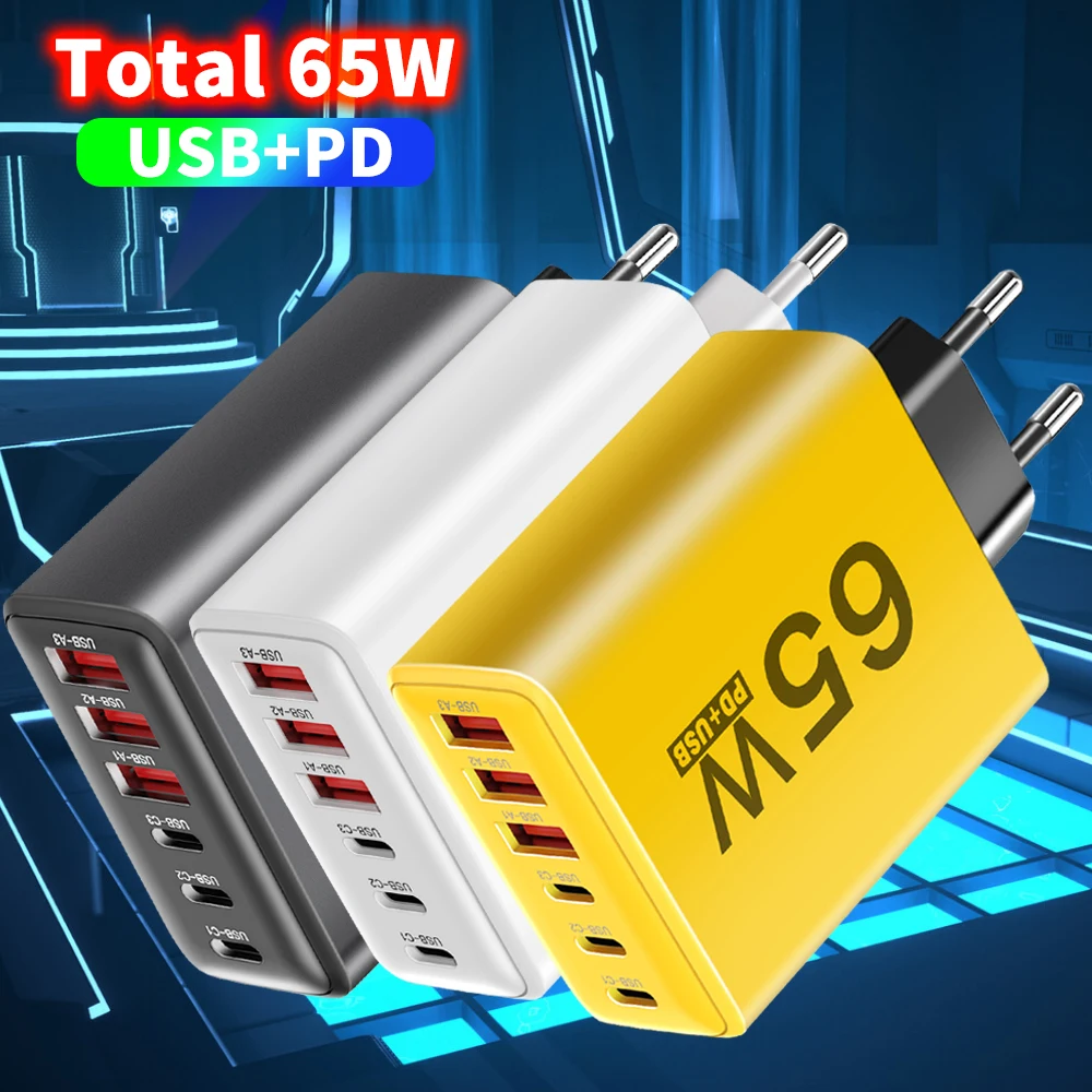 USB Charger Type C Total 65W Muti 6 Ports Quick Fast Charging EU/US/UK ...