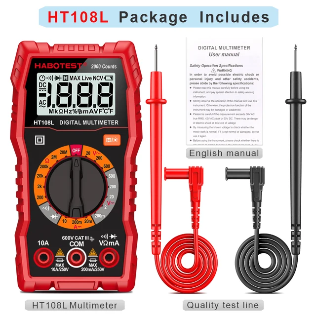 HABOTEST HT108L Digital Multimeter True-RMS 600V 10A AC DC Voltmeter ...