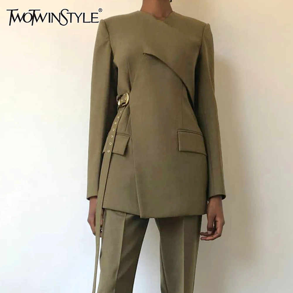 TWOTWINSTYLE-Designer-Patchwork-Belt-Blazer-For-Women-V-Neck-Long ...