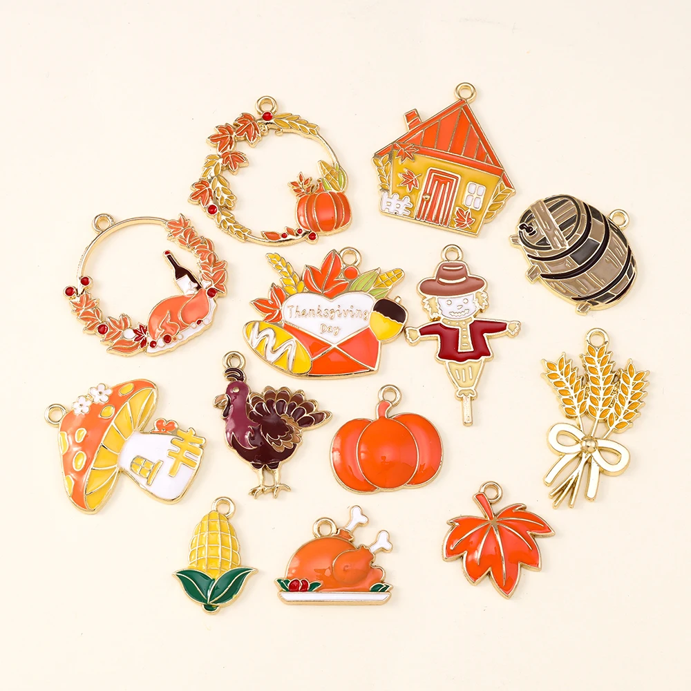 10pcs Enamel Thanksgiving Day Charms Cute Mushroom Wheat Pumpkin Corn ...