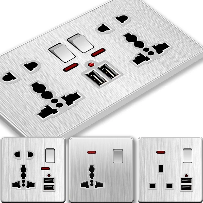 Silver-Brushed-PC-UK-Wall-Sockets-Single-Double-USB-Outlets-with-Switch ...
