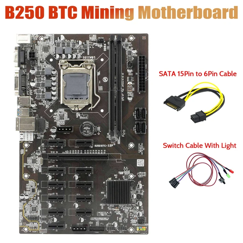 B250 BTC Mining Motherboard with Switch Cable with Light+SATA 15Pin to 6Pin Cable 12XGraphics ...