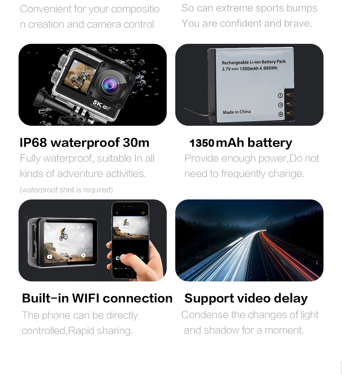 5K 4K60FPS 48MP Action Camera WiFi EIS Pre-record Dual Screen 170D 8X ...